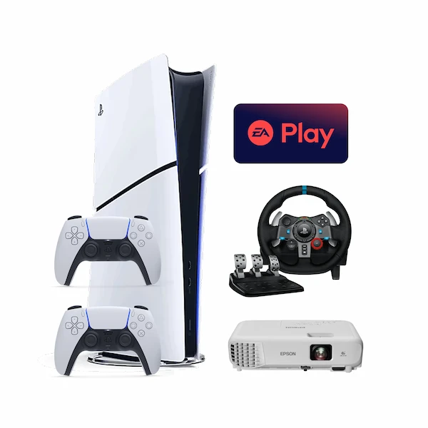 Rent ps5 with two controllers with projector with logitech wheel combo ...