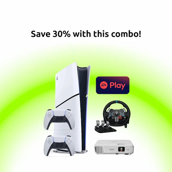 Rent ps5 with two controllers with projector with logitech wheel combo ...